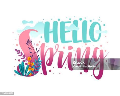 안녕하세요 봄 일러스트 안녕하세요 봄 문자 텍스트 벡터 일러스트 흰색 배경에 꽃으로 둘러싸인 슬로건 손으로 그린 0명에 대한 스톡 벡터 아트 및 기타 이미지 Istock