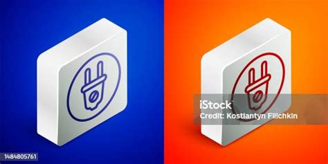 파란색과 주황색 배경에 격리 된 등분 성 라인 전기 플러그 아이콘 전기의 연결 및 단절의 개념 실버 스퀘어 버튼 벡터 3차원 형태에 대한 스톡 벡터 아트 및 기타 이미지