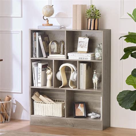 Leyaoyao 7 Cube Bookshelf With Base3 Tier Mid Century Modern Grey