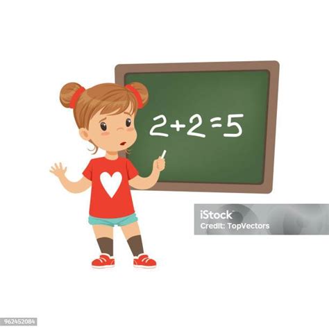 흰색 배경에 칠판 벡터 일러스트 레이 션 근처 서 있는 동안 수학 실수 슬픈 작은 여 학생 교육에 대한 스톡 벡터 아트 및 기타