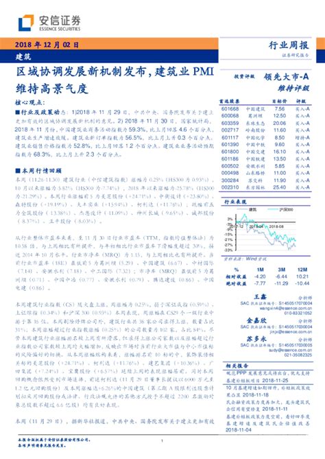 建筑行业周报：区域协调发展新机制发布，建筑业pmi维持高景气度