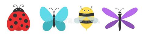 Flying Insect Icon Line Set Dragonfly Bee Bumblebee Ladybug Butterfly Lady Bug Ladybird