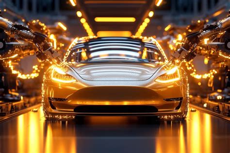 Electric Vehicle Being Assembled With Robotic Arms Showcasing Advanced Automation Technology
