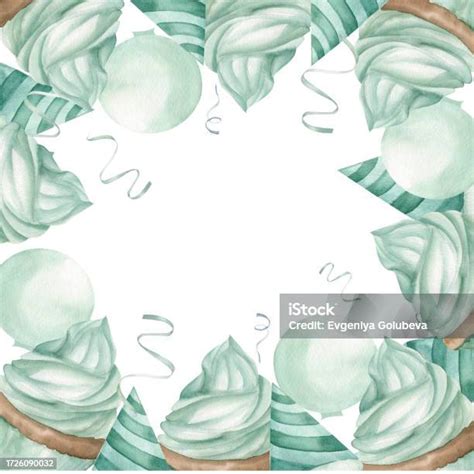 수채화 손으로 그린 컵케이크 프레임 크림을 얹은 민트 컬러 머핀 생일 모자 색종이 조각 풍선 생일 파티 카페 레스토랑 달콤한 프레임 디자인 격리 0명에 대한 스톡 벡터 아트