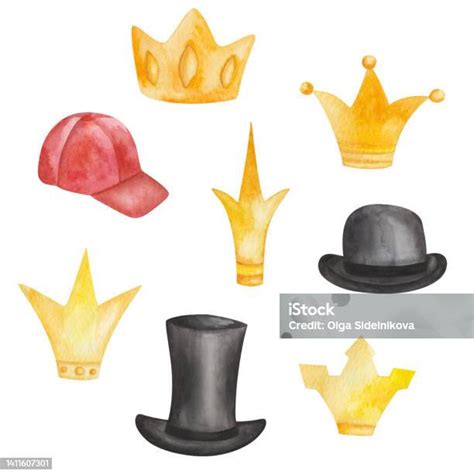 수채화 그림은 여왕과 왕을위한 황금 왕관 검은 볼러 모자 키가 큰 신사 모자 및 빨간 모자를 칠했습니다 왕자와 공주를위한 로얄 쥬얼리 헤드 웨어 격리된 클립 아트 요소