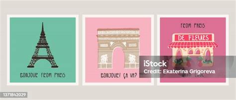파리 레트로 스타일의 카드 컬렉션의 봉주르 프랑스의 랜드마크 인 에펠 탑 Triumphal Arc 캐노피가있는 꽃 가게 영어와 프랑스어로 손으로 글자를 합니다 손으로 그린