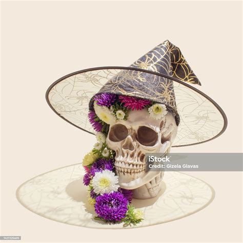 화려한 꽃과 마녀의 모자가있는 현실적인 인간 두개골 미적 멕시코 죽은 자의 날 또는 할로윈 개념 달콤한 음식에 대한 스톡 사진 및 기타 이미지 Istock