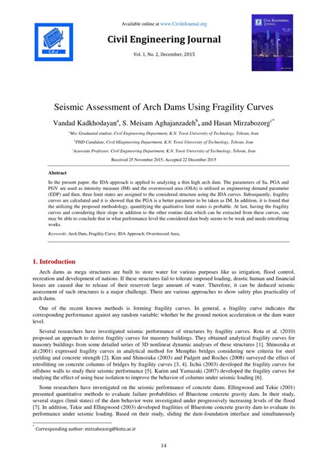 Pdf Seismic Assessment Of Arch Dams Using Fragility Curves