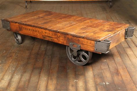 Vintage Industrial Wood Cast Iron Steel Rolling Factory Cart Coffee