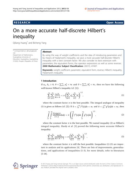 Pdf On A More Accurate Half Discrete Hilberts Inequality
