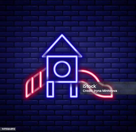 벽돌 벽 배경에 고립 된 빛나는 네온 라인 슬라이드 놀이터 아이콘 아이들은 미끄러지는다 다채로운 개요 개념 벡터 교육에 대한 스톡 벡터 아트 및 기타 이미지 Istock