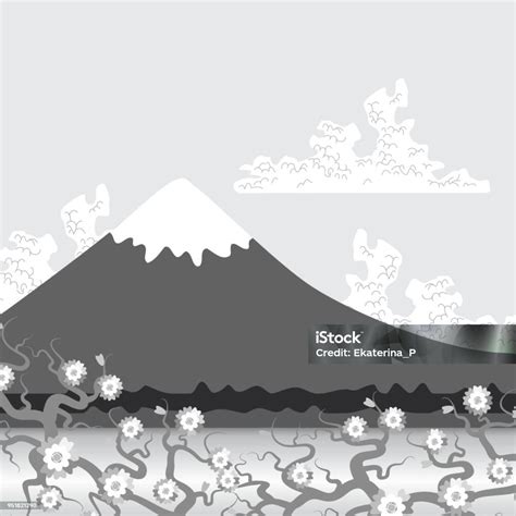 마운트 후 지 자연 평면 산 일본 풍경 물 호수 눈덮인 봉우리 흰 구름 하늘 사쿠라 꽃 벚꽃 숲 산 벡터 0명에 대한 스톡 벡터 아트 및 기타 이미지 Istock