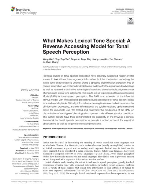 Pdf What Makes Lexical Tone Special A Reverse Accessing Model For Tonal Speech Perception