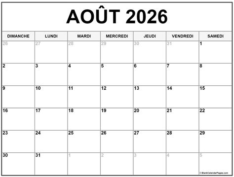 Août 2026 Calendrier Imprimable Calendrier Gratuit
