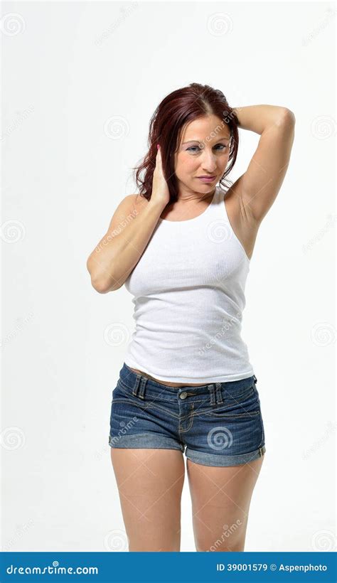 Curvy Redheaded Woman In Tank Top And Shorts Stock Image Image Of