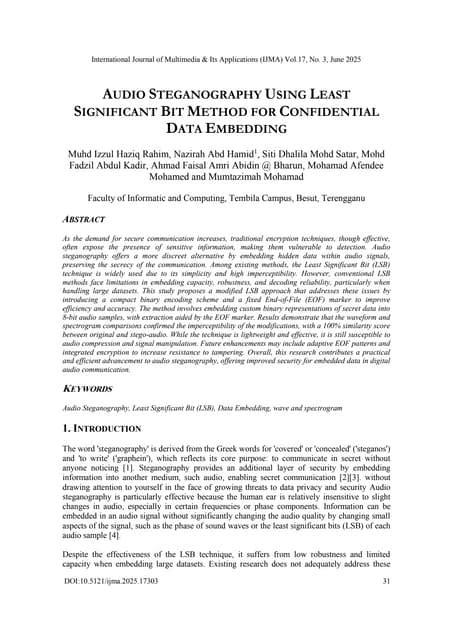 Audio Steganography Using Least Significant Bit Method For Confidential Data Embedding Pdf