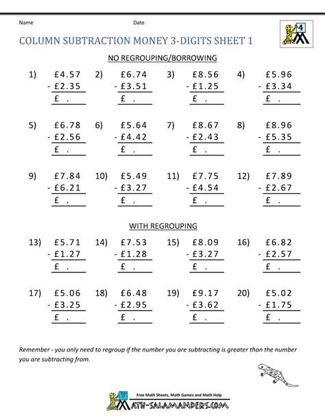 Subtracting Money Worksheets Uk Money