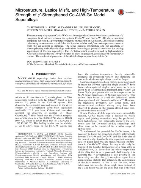 Pdf Microstructure Lattice Misfit And High Temperature Strength Of γ′ Strengthened Co Al W