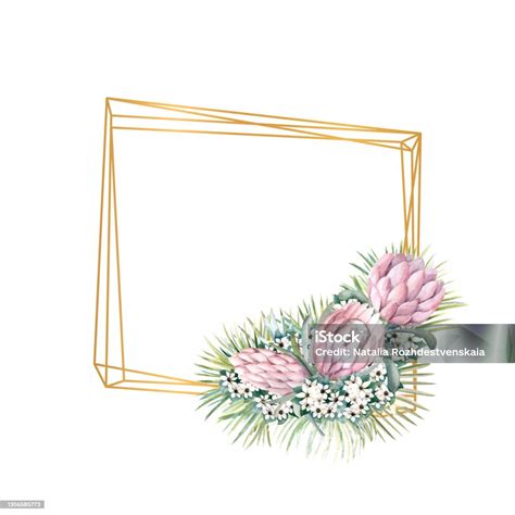 프로테아 꽃 열대 잎 야자수 잎 부바르디아 꽃기하의 기하학적 인 금 프레임 세련된 초대장의 디자인을위한 프레임에 웨딩 꽃다발 수채화 일러스트레이션 0명에 대한 스톡 벡터