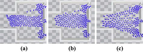 snapshots of crowd simulation in an evacuation scenario by a orca b