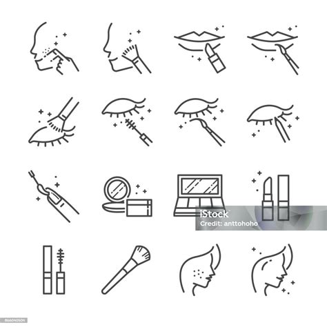 메이크업 및 화장품 라인 아이콘 1을 설정합니다 아름다움 여자 얼굴 립스틱 아이섀도우 아이 라이너 재단 도구 등으로 아이콘을 포함 아이콘에 대한 스톡 벡터 아트 및 기타