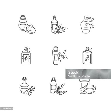 헤어 오일 픽셀 완벽한 선형 아이콘 세트 가수 분해 밀 단백질 B7 비오틴 트리트먼트 사용자 정의 가능한 얇은 선 윤곽 기호 격리된 벡터 개요 그림입니다 편집 가능한