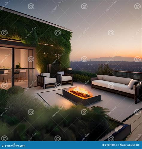 A Contemporary Rooftop Terrace With Lounge Seating A Fire Pit And