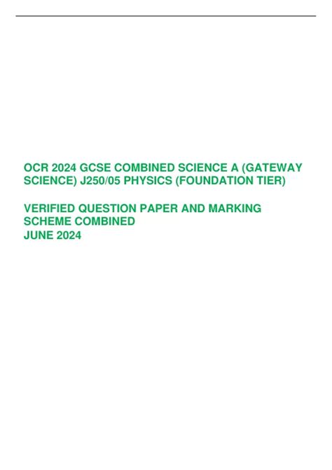 Ocr 2024 Gcse Combined Science A Gateway Science J250 05 Physics Foundation Tier Verified
