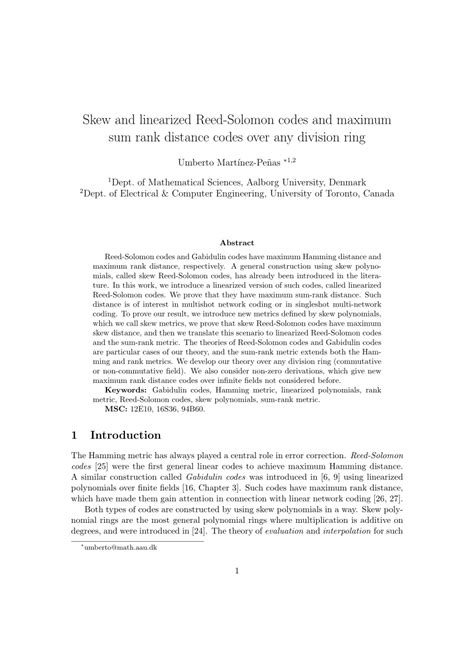 Pdf Skew And Linearized Reed Solomon Codes And Maximum Sum Rank Distance Codes Over Any