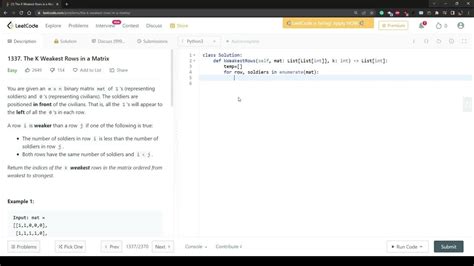 Python Leetcode 1337 The K Weakest Rows In A Matrix Youtube