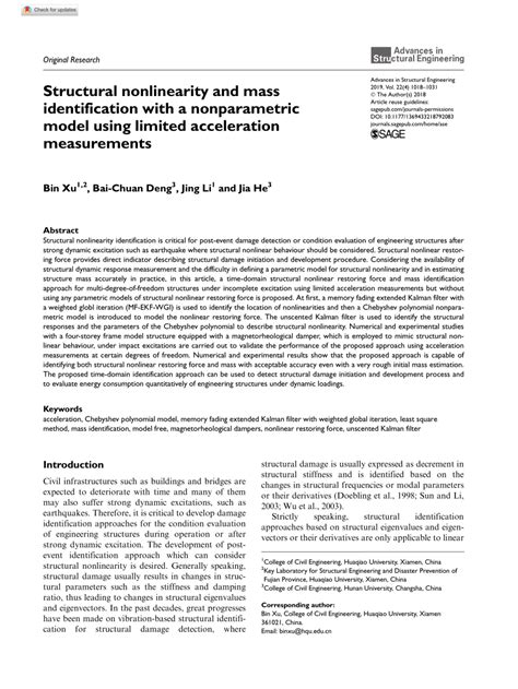 Pdf Structural Nonlinearity And Mass Identification With A Nonparametric Model Using Limited