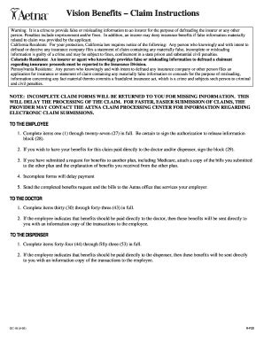 Aetna Vision Benefits Claim Form Blank Fillable Template Fill Out