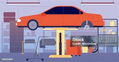 차고 인테리어 자동차 수리 서비스 공구 장비 보관 자동 집 빈 워크샵 룸 벡터 일러스트에 대한 기술 인벤토리 가정의 방에 대한