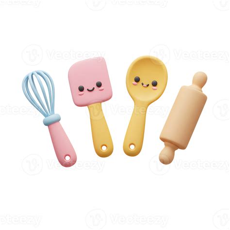Cute Baking Utensils With Faces Whisk Spatula Spoon Rolling Pin Render