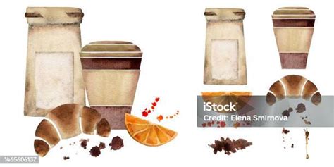 종이 커피 컵 가방 크로와상 오렌지 조각 나뭇잎으로 손으로 그린 수채화 구성 흰색 배경에 격리 초대장 카페 레스토랑 음식 메뉴 인쇄 웹 사이트 카드 Robusta