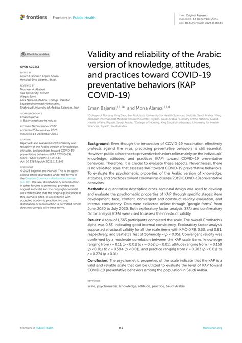 Pdf Validity And Reliability Of The Arabic Version Of Knowledge Attitudes And Practices