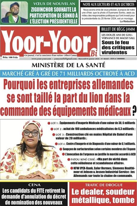 La Une De Yoor Yoor Bi De Ce Mercredi Seneplus