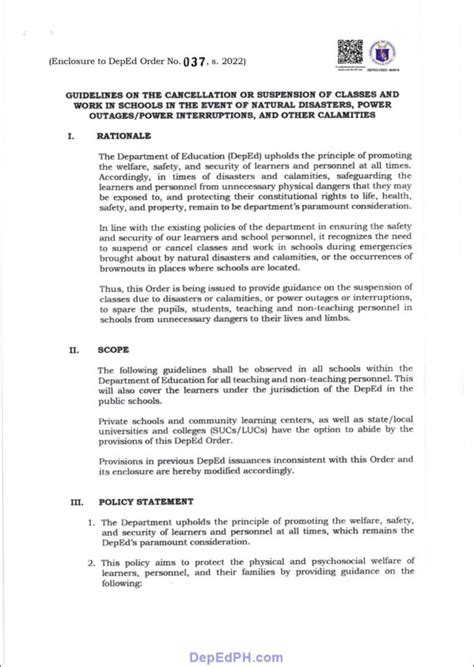 Deped Order 37 Series Of 2022 Suspension Of Classes Due To Disasters