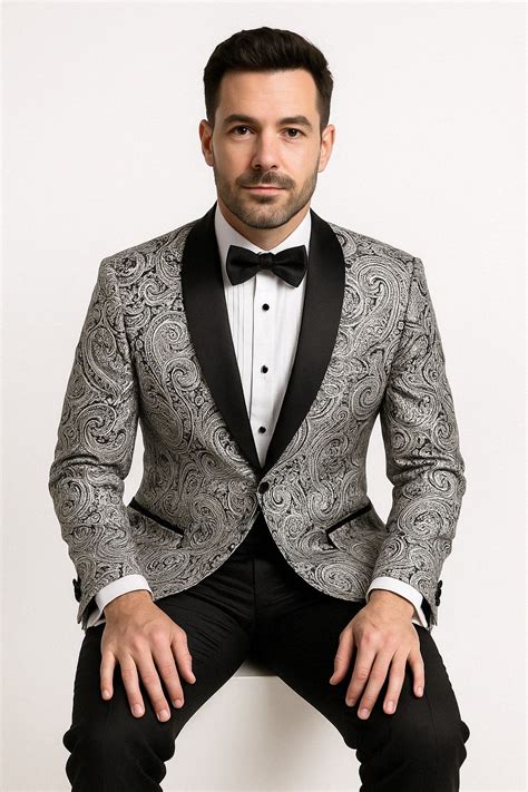 34 Mens Black And Silver Paisley Tuxedo With Satin Lapel And Bow Tie