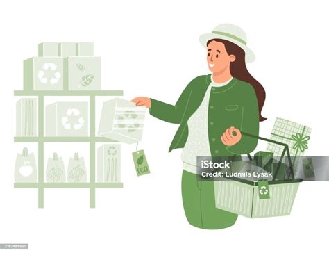 지속 가능한 패션 개념 친환경 재활용 제품 상품을 쇼핑하는 여성 재활용 옵션을 높이 평가하면서 환경을 의식합니다 벡터 일러스트 레이 션 재활용 환경 보호 녹색 기술 가공의