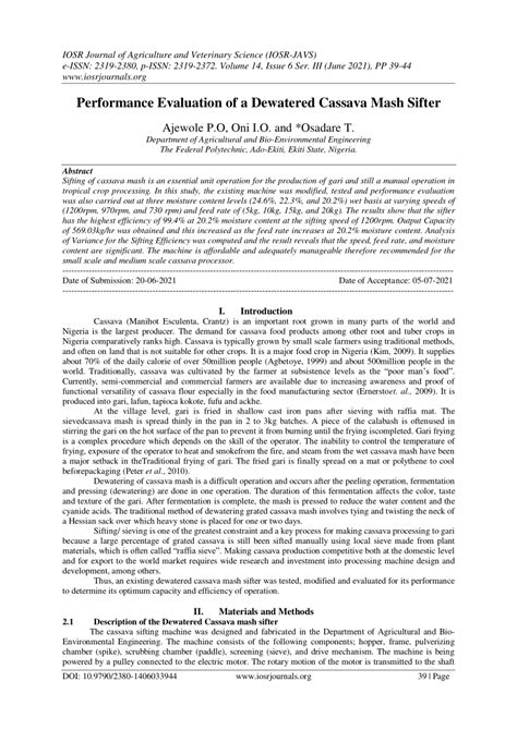 Pdf Performance Evaluation Of A Dewatered Cassava Mash Sifter