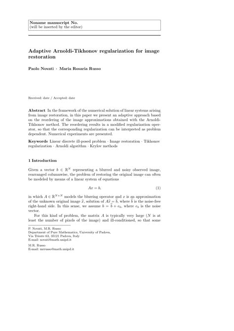 Pdf Adaptive Arnoldi Tikhonov Regularization For Image Restoration