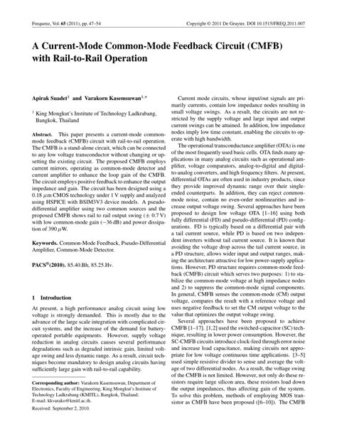 Pdf A Current Mode Common Mode Feedback Circuit Cmfb With Rail To Rail Operation