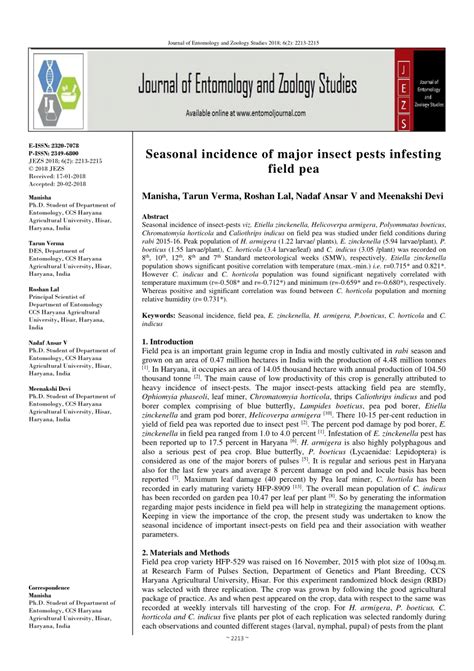 Pdf Seasonal Incidence Of Major Insect Pests Infesting Field Pea
