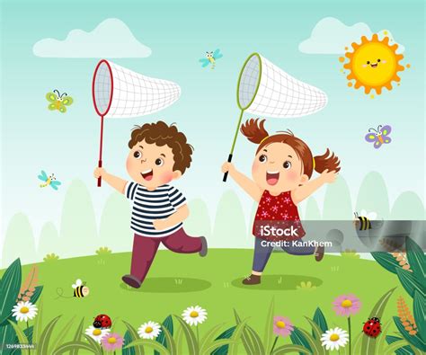 필드에서 버그를 잡는 행복한 아이들의 벡터 일러스트 만화 아이에 대한 스톡 벡터 아트 및 기타 이미지 아이 나비 정원