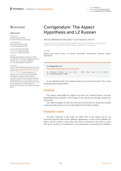 Pdf Corrigendum The Aspect Hypothesis And L2 Russian