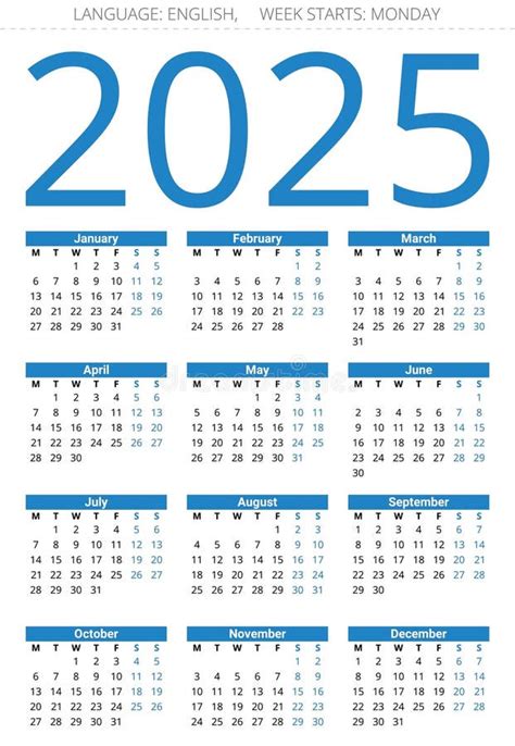 Calendario En Inglés Para 2025 La Semana Comienza El Domingo