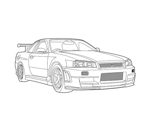 Nissan R34 Gtr Vector Line Drawing Illustration Digital Vector Skyline Gtr R34 R34 Gtr Gtr