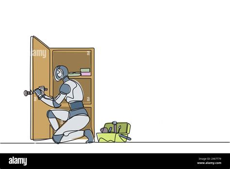 Continuous One Line Drawing Robot Carpenter Is Assembling Of Wardrobe