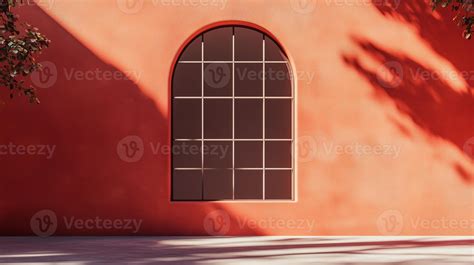 Aesthetic Arch Window Shape On Red Wall With Shadow Leaves Tree Classing Building Architecture